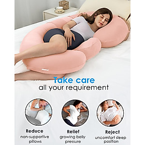 QUEEN ROSE Cooling E Shaped Pregnancy Pillows, Detachable Body Pillow for Sleeping, with Pregnancy Wedge Pillow for Belly Support, Cooling Rayon Cover,Pink