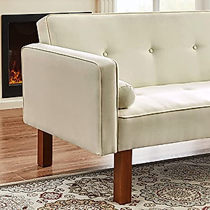 MWrouqfur Modern Fabric Sofa Bed Futon,Convertible Sleeper Loveseat with 2 Pillows and Armrests,75' Folding Recliner Couch Bed with Solid Wood Legs for Living Room Apartments Office (Beige), (0513)