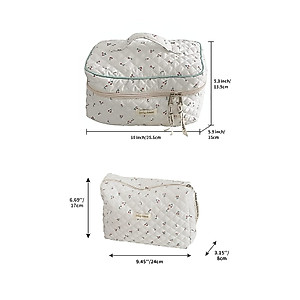 BILIPOPX 2 Pack Kawaii Cute Makeup Bag Aesthetic Travel Quilted Cotton Cosmetic Bag Organizer Toiletry Pouch for Women Teen Girls