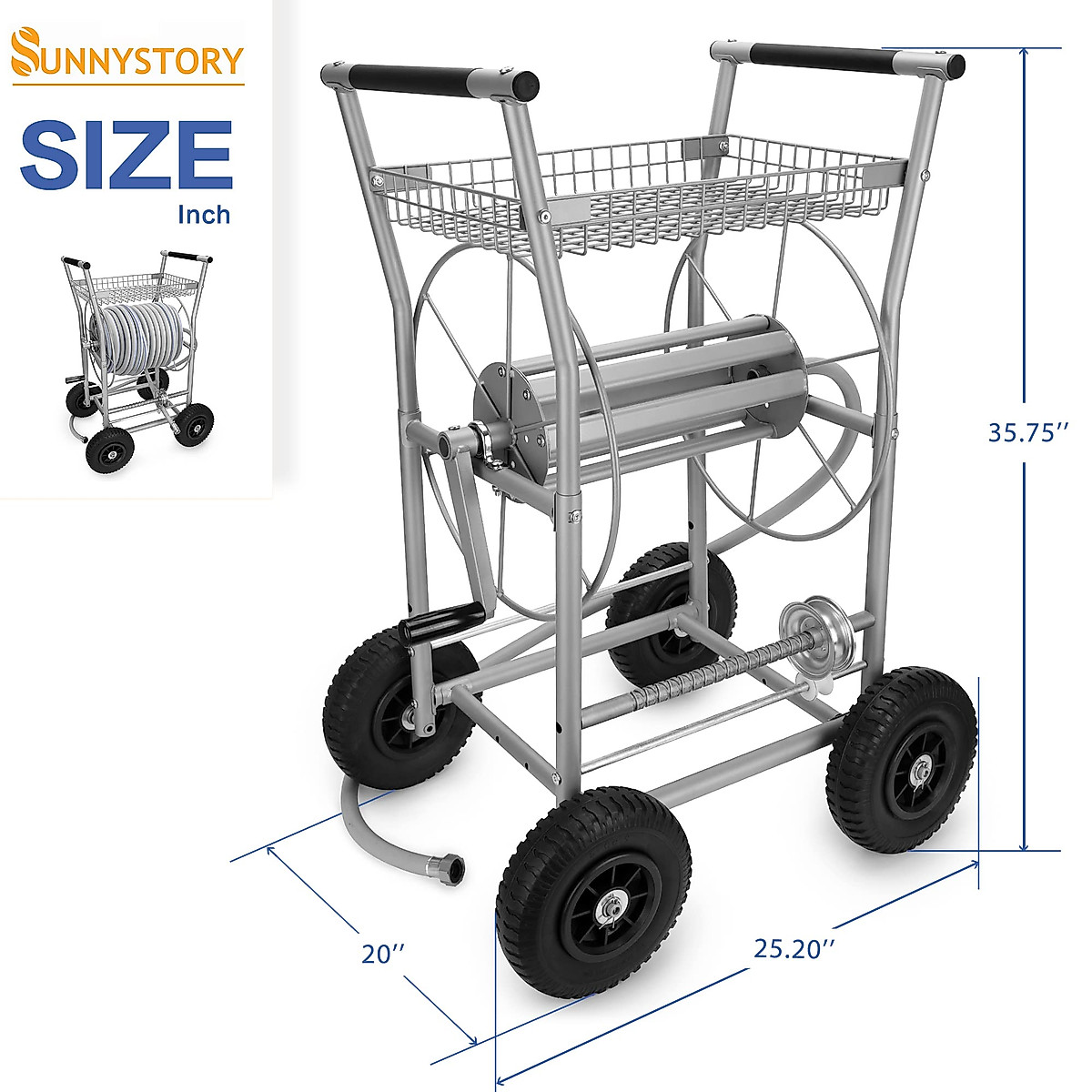 SUNNYSTORY All Metal Garden Hose Reel Cart with Metal Hose Guide System, Holds 150 Feet of 5/8 Inch Hose Cart with Solid Tires for Garden, Yard, Lawn