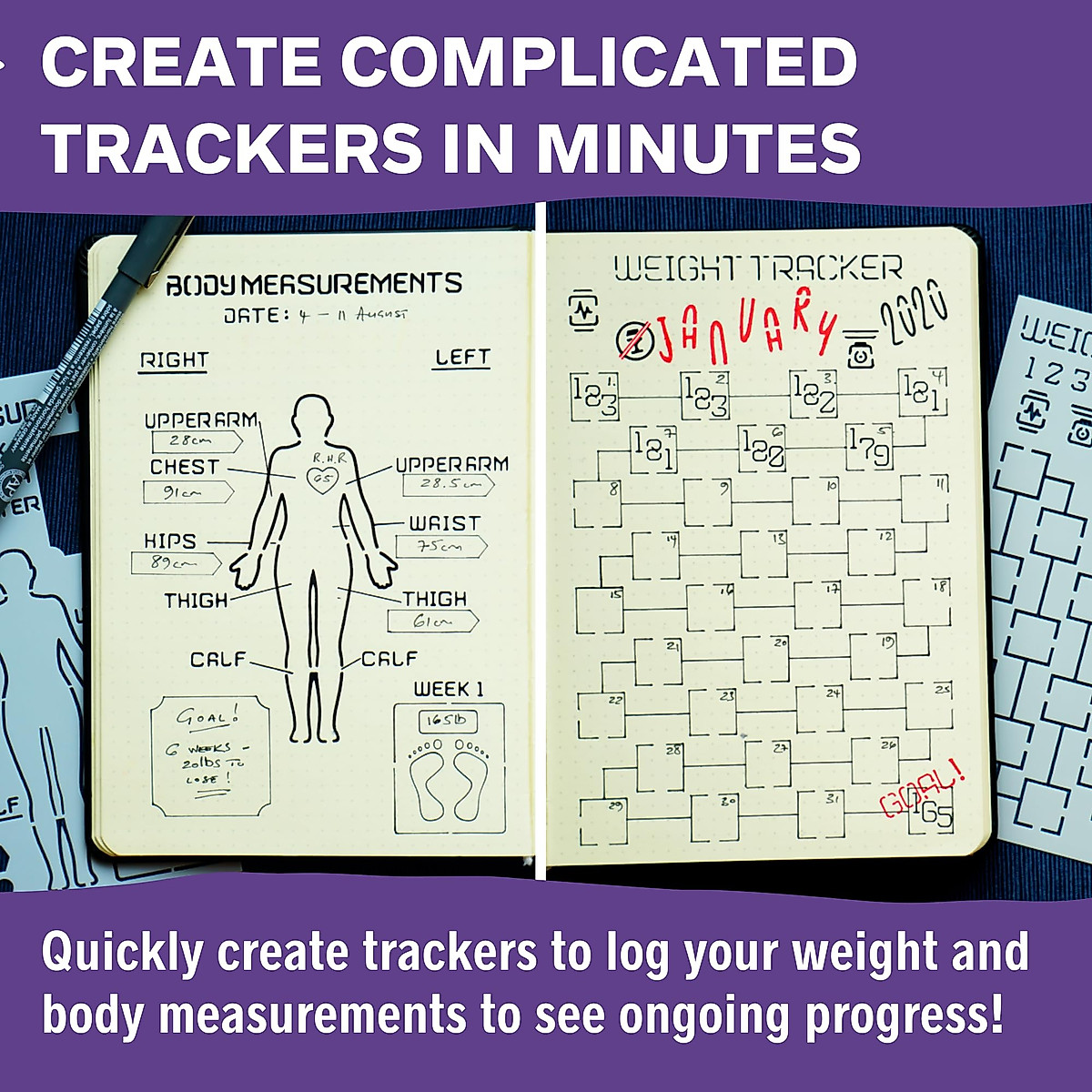 Health and Fitness Journal Stencil Set - Custom-Designed Supplies for Bullet Dot Journal Workout Planners with DIY Templates to Track Habits, Exercise, Weight and Meal Planning by Sunny Streak