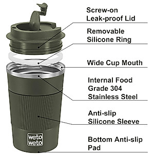 WETOWETO 12 oz Stainless Steel Insulated Tumbler, Spill Proof Coffee Travel Mug with Lid, Reusable Coffee Cups with lids, Portable Coffee Mug Thermal Cup for Keep Hot Ice Drink, (Green)