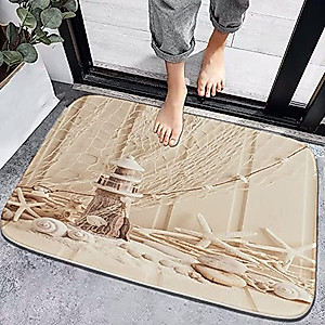 Beige Bathroom Rugs and Modern Fishing Net Seashell Lighthouse Mats Sets 3 Piece, Velvet Memory Foam Marine Beach Theme Bath Mat, Large Small and U-Shaped Contour Shower Mat Non-Slip Washable