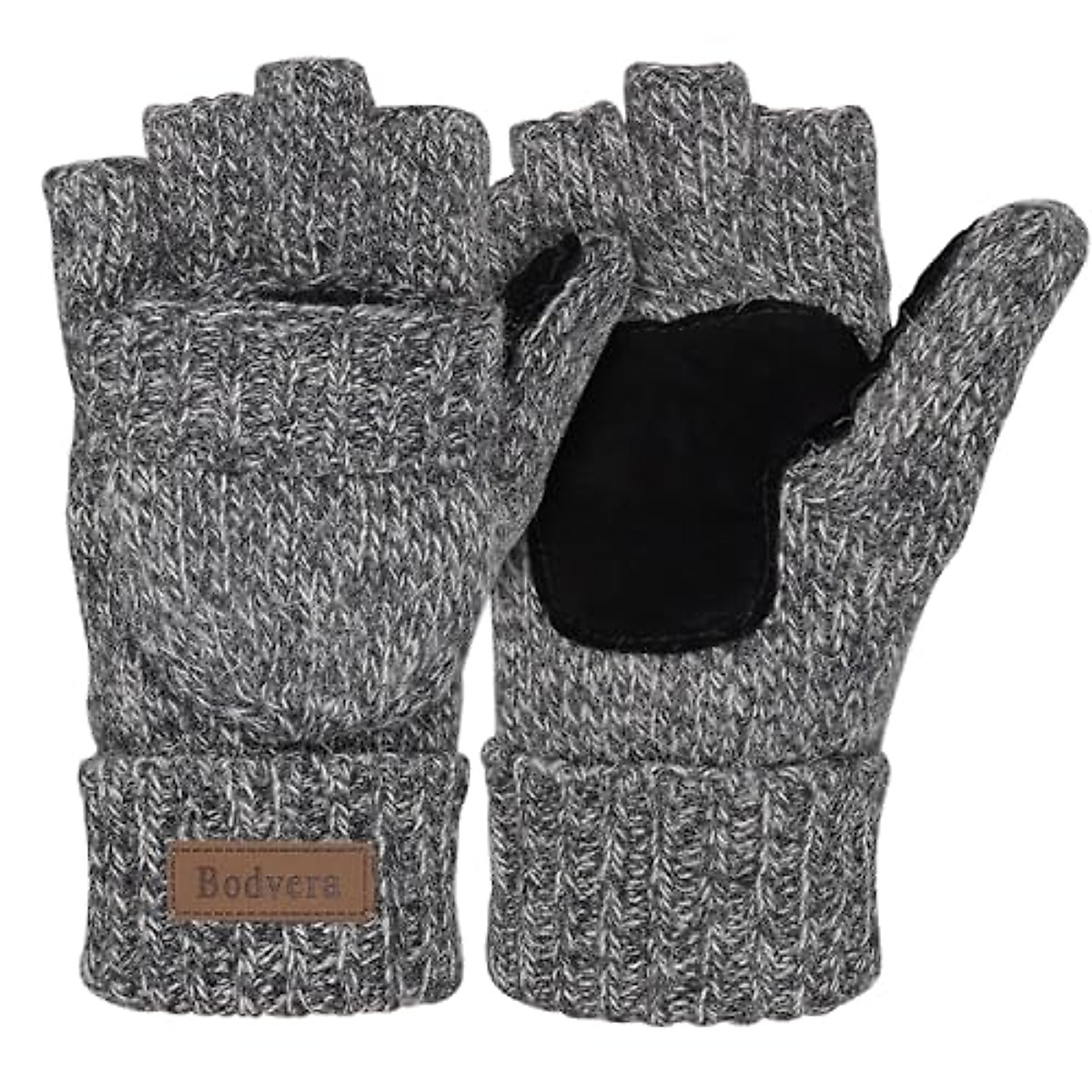 Bodvera Thermal Insulation Fingerless Texting Wool Gloves for Women and Men Winter Warm Knitted Convertible Mittens Flap