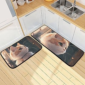 NFMILI (Anime Beautiful Cat) Kitchen Mat 2 PCS Cushioned Anti-Fatigue Kitchen Rug, Waterproof Non-Slip Floor Mats Thick Ergonomic Comfort Standing Mat for Kitchen Sink Laundry room bedroom living room