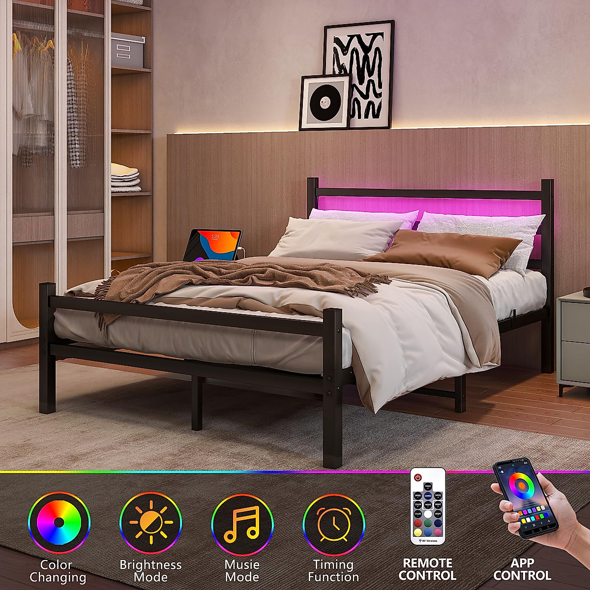 Maliacife Full Bed Frame with Headboard and Footboard,Metal Platform Double Bed Frame with Charging Station and LED, Steel Slats Mattress Foundation, No Box Spring Needed,Noise Free, Black