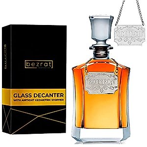 Whiskey Decanter With Label Tag - Bottle Metal Name Tags - Glass Airtight Stopper for Wine, Bourbon, Brandy, Juice, Water - Decanter Sets For Men Christmas Gifts for Dad Boyfriend Husband Him - 24 oz