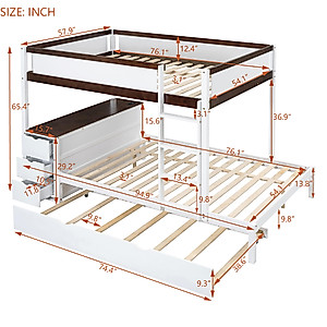 Harper & Bright Designs Full Over Full Bunk Bed Twin Size Trundle, Wood Full Bunk Bed with USB Ports, Storage and Desk, White+Walnut