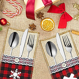 Christmas Burlap Cutlery Holders Pouch Bags with Lace Utensil , Knifes Forks Napkin Utensil Silverware Holders Buffalo Check Plaid Xmas Tableware Decor Set for Christmas Wedding Party 8 Packs