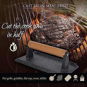 HUMOS Pre Seasoned Cast Iron Meat Press Cool Touch Wooden Handle 8”x4” Heavy Duty for Paninis, Crispy Bacon, Evenly Cooked Steak, Healthier Burgers, Sandwiches and Vegetables