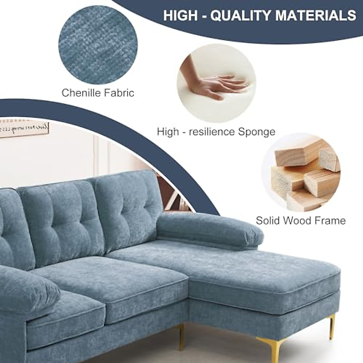 COCOLHOME L- Shaped Sectional Sofa 85" Convertible Modern Upholstered Couch Chenille Fabric with Reversible Chaise Detachable Washable Cover for Living Room, Apartment, Small Space (Light Blue)