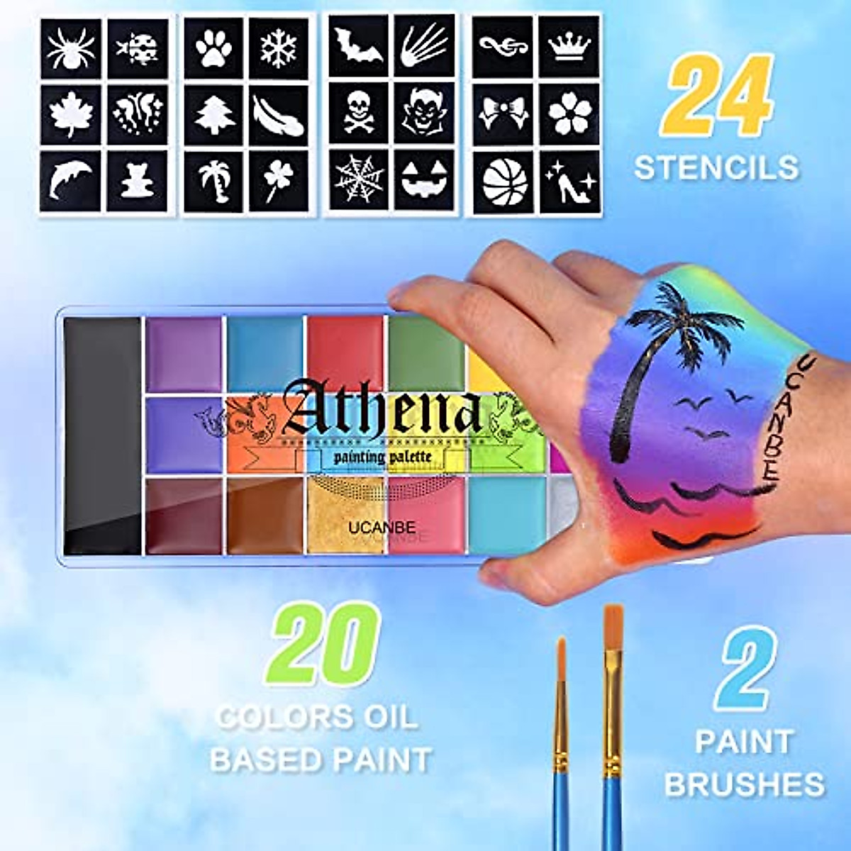 UCANBE Oil Based Face Body Painting Kit - Large Deep Pan, 20 Vivid Color SFX Makeup Paint with 24 Stencils & 2pcs Brushes, Professional Makeup Palette for Art, Theater, Halloween, Parties and Cosplay
