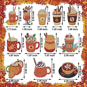 Augisteen 12 Pieces Fall Diamond Painting Keychains Fall Cocoa Diamond Art Key Rings DIY 5D Diamond Ornaments Fall Drinks Coffee Hanging Pendants Double Sided for Autumn Thanksgiving Party Decor