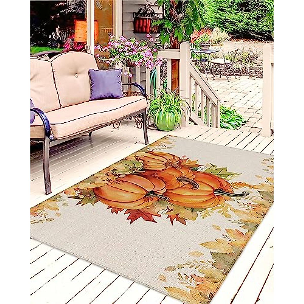 Fall Pumpkins Outdoor Area Rug 4'x6',Patio Balcony Porch Front Door Camping Camper Deck Runner Rug,Washable Carpet Indoor Living Room/Kitchen Floor Mat Thanksgiving Autumn Retro Eucalyptus Leaves