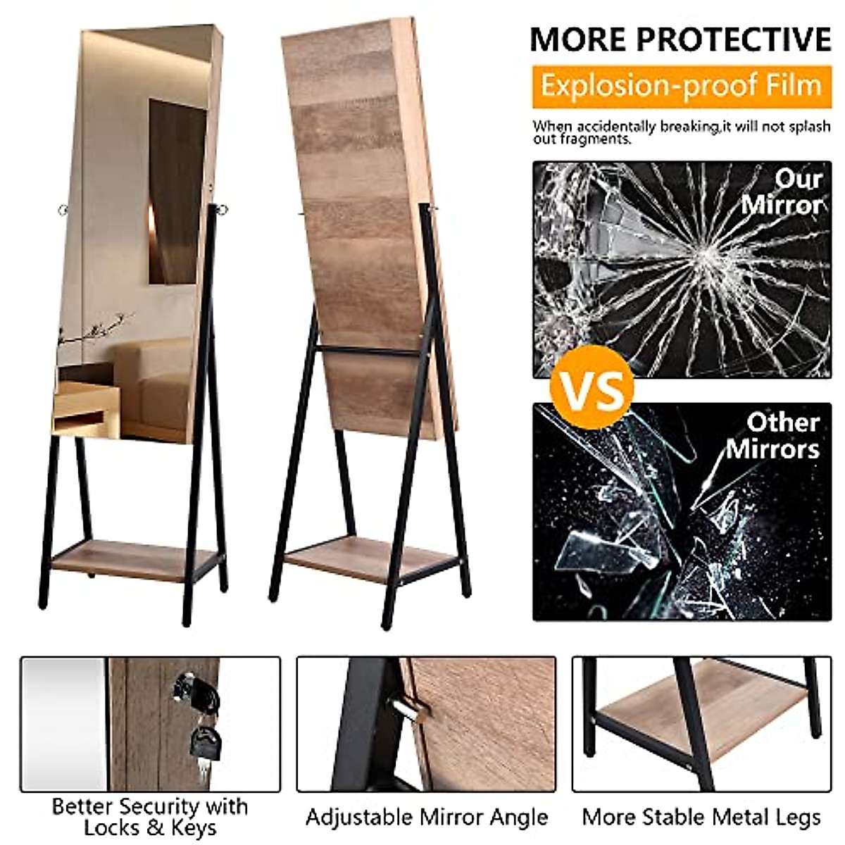 LVSOMT 3 LEDs Full Length Mirror Jewelry Cabinet, Standing Mirror with Jewelry Storage, Large Lockable Armoire for Necklaces, Earrings, Cosmetic Storage, Brown