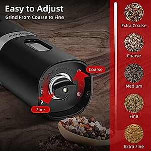 Pourcare Electric Salt and Pepper Grinder Mill Set,Adjustable Coarseness One-hand Automatic Operation,Charging Base Rechargeable Battery Powered with LED Light,Stainless Steel Black 2 Pack