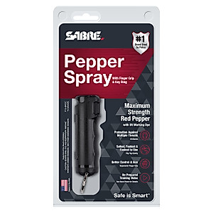 SABRE Pepper Spray with Fast Flip Top, Maximum Police Strength OC Spray, Key Ring for Easy Carry and Fast Access, Finger Grip for More Accurate and Faster Aim, 0.54 fl oz, Secure and Easy to Use
