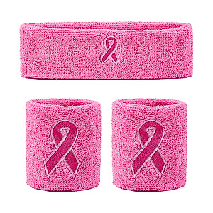 Breast Cancer Awareness Wristbands,Pink Sweatbands Set Includes Sports Headband & Wristband,Pink Headband for Gym Basketball Football Tennis Cycling Fitness Breast Cancer Awareness Mont