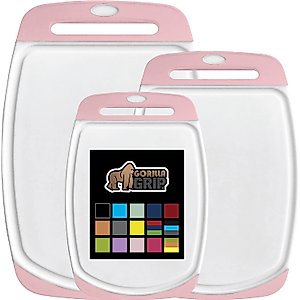The Original GORILLA GRIP Oversized 100% BPA Free Reversible Durable Kitchen Cutting Board Set of 3, Juice Grooves, Dishwasher Safe, Easy Grip Handle Border, Food Chopping Boards, Cooking, White Pink