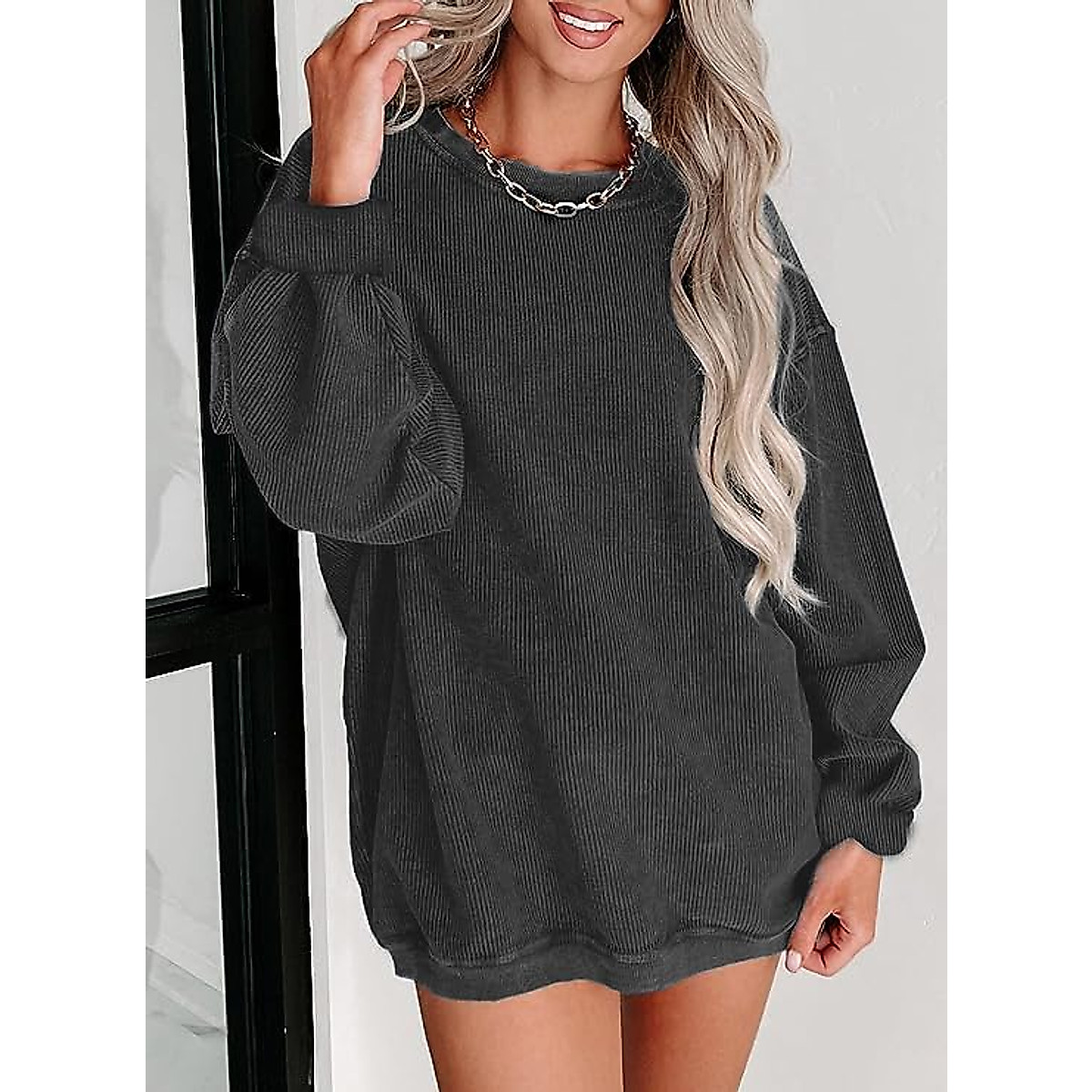 Womens Crewneck Sweatshirt Casual Oversized Corduroy Corded Sweatshirt Winter Long Sleeve Comfy Pullover Top(DGR,M)