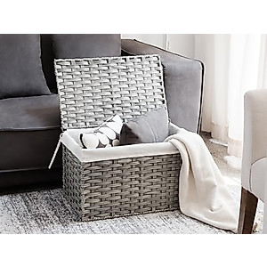 StorageWorks Wicker Storage Basket with Lid, 65L Square Wicker Baskets with lids and Removable Liner, Wicker Storage Trunk, Wicker Basket with Lid for Bedroom, Closet, Bathroom - Grey