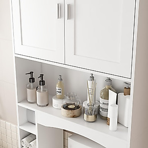 AIEGLE Over The Toilet Storage Cabinet with Open & Hidden Shelves, 70.9"H Modern 6-Tier Over Toilet Organizer Bathroom Shelf, Above Toilet Storage with Toilet Paper Holder for Restroom, Laundry, White
