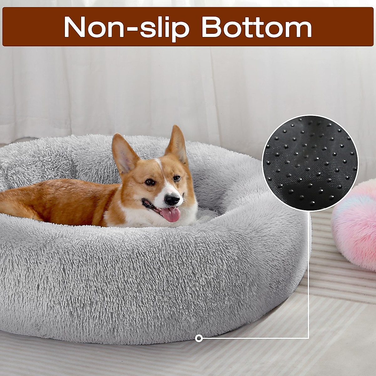 JOLLYVOGUE Calming Donut Dog Bed & Cat Bed, Anti-Anxiety Washable Round Bed, Fluffy Dog Cuddler Bed, Cozy Dog Cat Cushion Bed for Small Puppy (20")