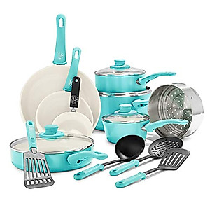 GreenLife Soft Grip Healthy Ceramic Nonstick, Cookware Pots and Pans Set, 16 Piece, Turquoise & Nylon Cooking Set, 7-Piece, Turquoise, 7pc Utensil, Turqouise