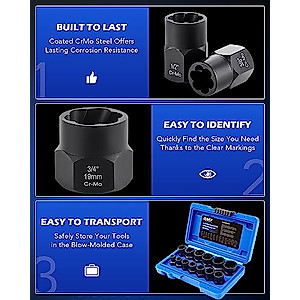 OMT Impact Nut and Bolt Extraction Tool Set, Rusted Damaged Stripped Nut and Bolt Remover Tool Kit, Nut Bolt Extractor Socket Set in 13 SAE and Metric Sizes for 3/8 Inch Drive with Case