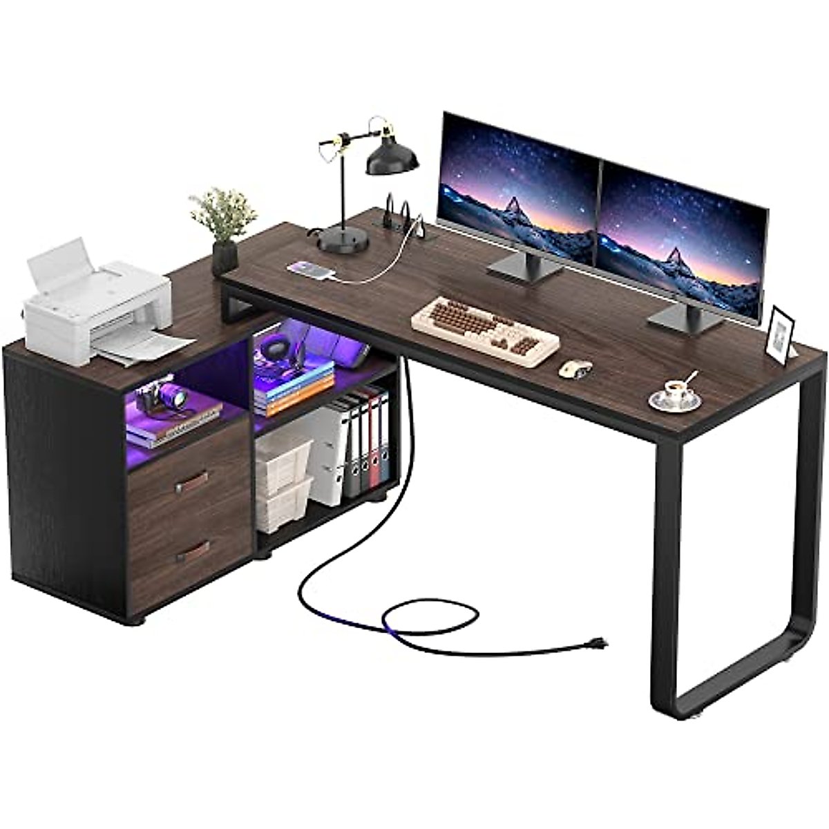 L Shaped Desk with File Cabinet & Power Outlet, 55 Inch Large Corner Computer Desks with LED Strip, L-Shaped Computer Desk with Drawers and Storage Shelves for Home Office, Espresso
