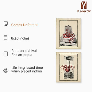 Funny Bathroom Wall Decor - Vintage Surreal Octupus Wall Art - Unique Cool Bathroom Pictures - Quirky Bizarre Bath Posters - Steampunk Cute Bathroom Accessories - Toilet Sign - Powder Room Print