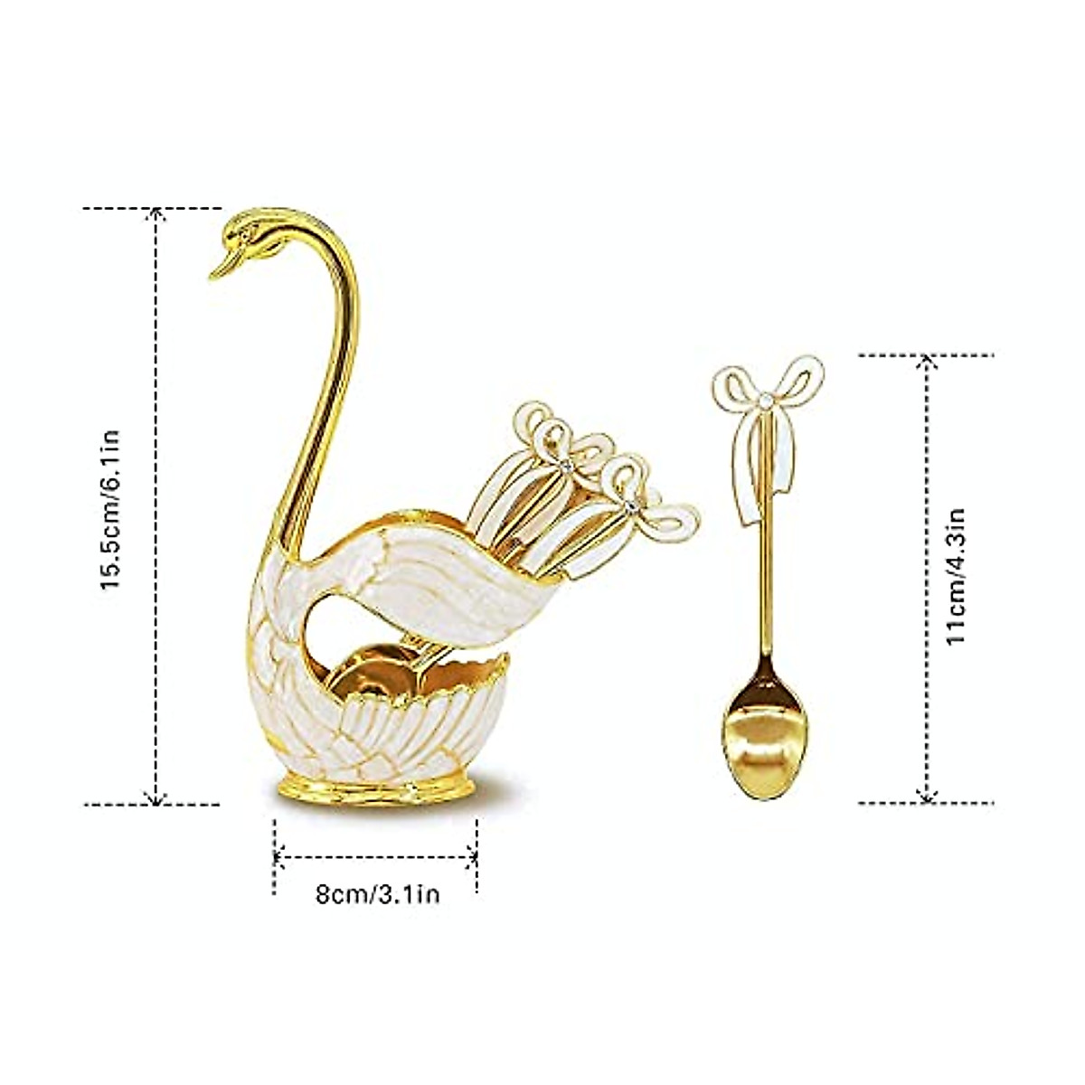 Flylin Coffee Spoon Holder Coffee Dessert Spoon Set Metal Swan Base Holder Spoon Organizer with 6pcs Ice Cream Spoons Teaspoons Coffee Dessert Flatware (Gold)