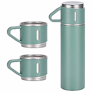 MUCR 500ml/17 OZ Stainless Steel Coffee Thermo Vacuum Flask Set, Insulated Water Bottle with Three Cup for Hot and Cold Drinks, Green