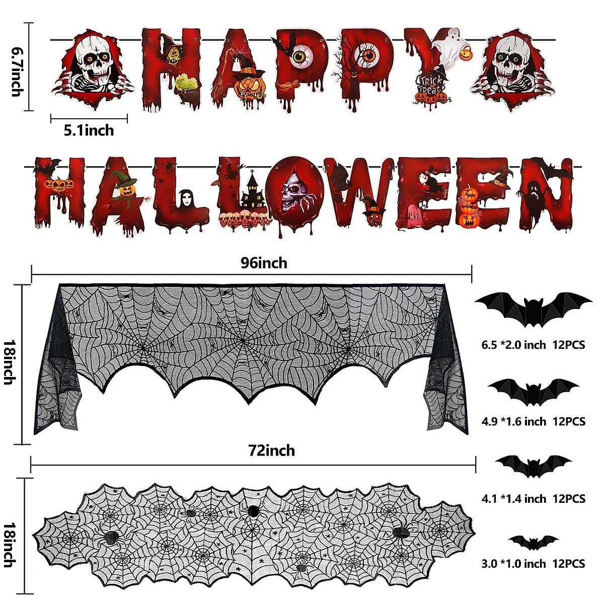 Halloween Decorations Indoor Set, 52pcs Halloween Party Decorations, Halloween 3D Bats & Spiderweb Table Runner & Cobweb Fireplace Mantel Scarf & Spooky Happy Halloween Banner for Home Indoor Decor