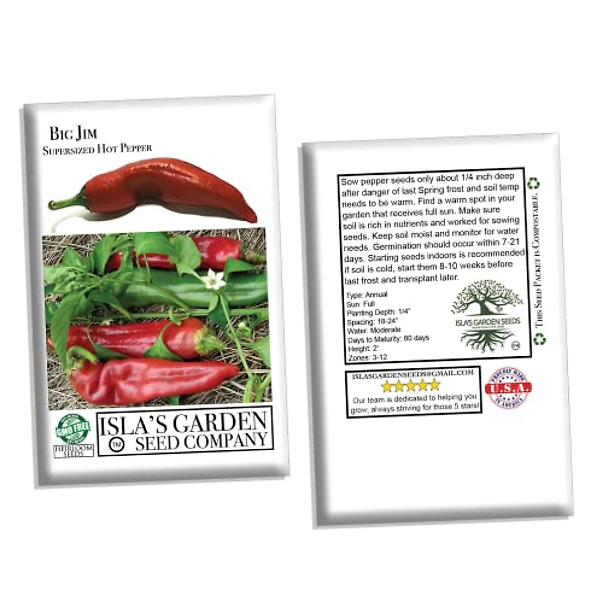 Big Jim Supersized Hot Pepper Seeds for Planting, 100+ Heirloom Seeds Per Packet, (Isla's Garden Seeds), Non GMO Seeds, Botanical Name: Capsicum annuum, Great Home Garden Gift