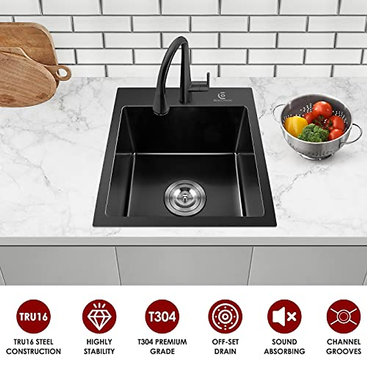 BURCHAIN 17 x 15 Inch Drop in Kitchen Sink Top mount Bar Sink 16 Gauge Stainless Steel Single Bowl Workstation with Sink Protector (Black)