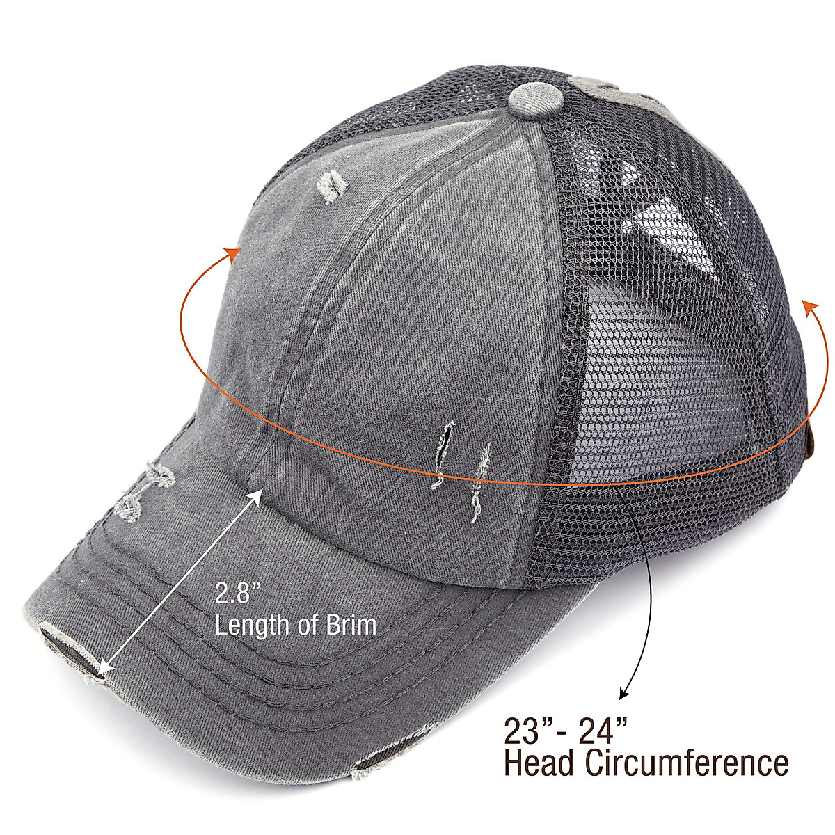 C.C Exclusives Washed Distressed Cotton Denim Criss-Cross Ponytail Hat Baseball Cap Bundle Hair Tie (BT-780)(BT-791) (A Elastic Band-Grey)