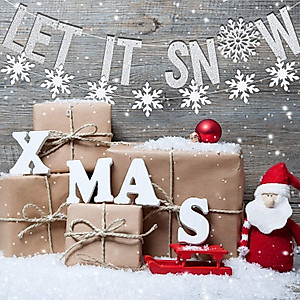 2 Pieces Let It Snow Banner, Glitter Winter Snowflake Banner and White Snowflake Hanging Garland Flag for Holiday Wall Decoration Christmas Party Supply