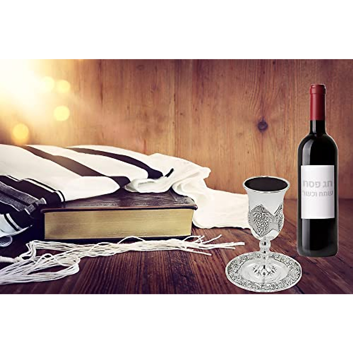 The Dreidel Company Tall Kiddush Cup With Leg Grape Design, Premium Quality Silver Plated Goblet, Shabbat and Havdalah Goblet, Judaica Shabbos and Holiday Gift (Grape-Design with Leg)