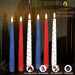 Patriotic Candles, Flameless Taper Candles with 3D Wick, 9.6" Real Wax Red White Star and Blue Candles with Remote and Timer
