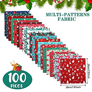 Preboun 100 Pcs 8 x 8 Inches/ 20 x 20 cm Christmas Fabric Squares Christmas Fabric 25 Different Patterns Fabric Scraps Quilting Craft Fabric Patchwork Fabric Bundles for Sewing Crafting DIY Supplies