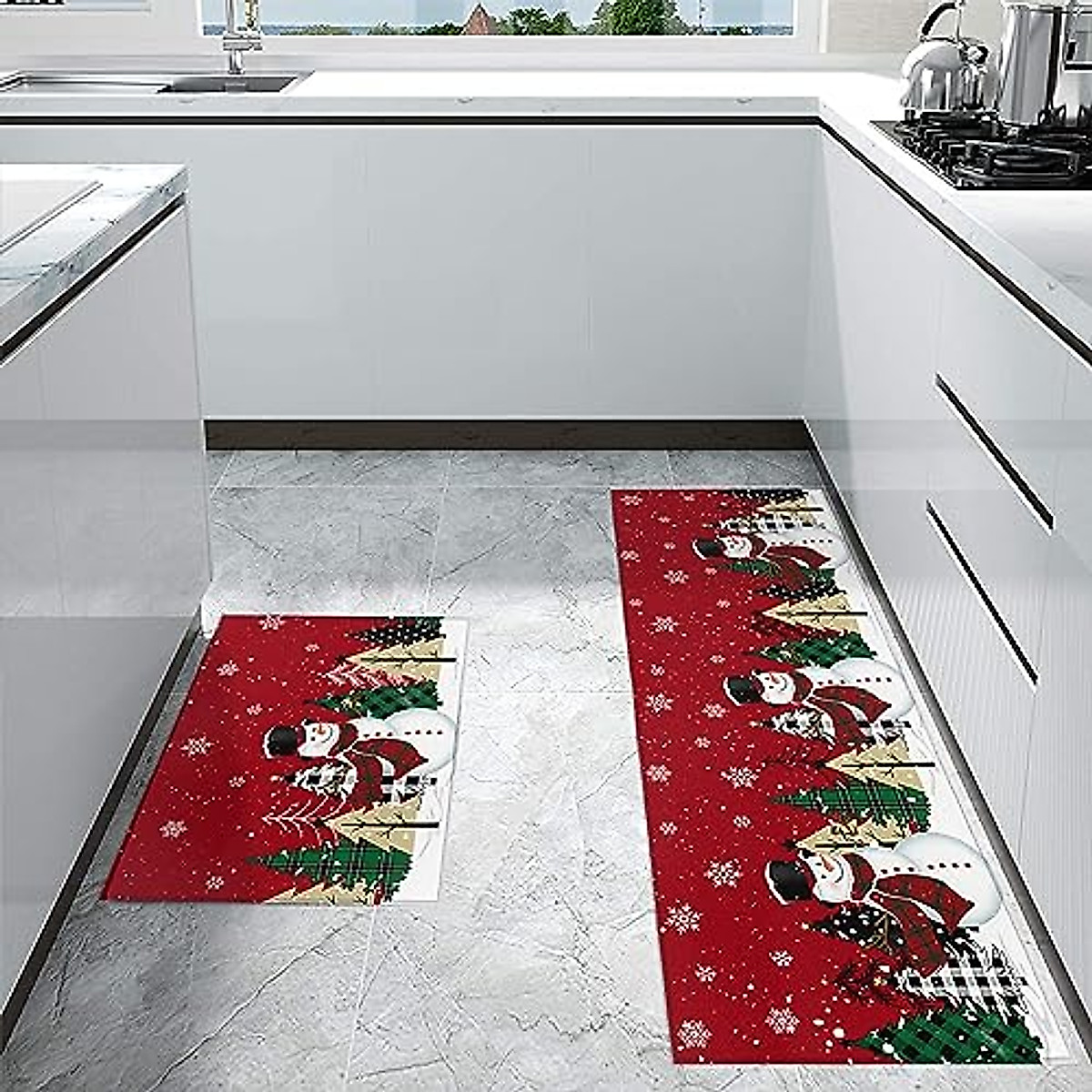 Miaklek Christmas Kitchen Rugs Anti Fatigue Mats for Kitchen Floor Cushioned Kitchen Rugs and Mats Non Slip Kitchen Runner Comfort Standing Mat, Cute Snowman Xmas Tree Winter Snowflake Red