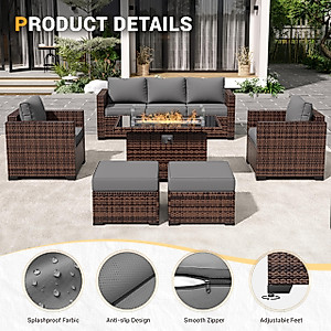 Amopatio Outdoor Patio Furniture Sets, 8 Pieces Wicker Patio Furniture, Outdoor Sectional Patio Couch Set with Ottoman, Outdoor Conversation Set with 44" Gas Fire Pit for Outside (Grey)