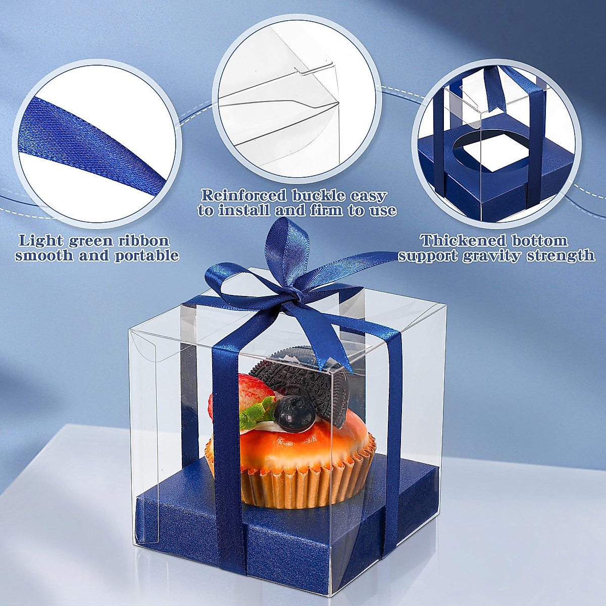 Thenshop 50 Pcs Clear Cupcake Boxes Individual 3.5 Inch Plastic Single Cupcake Containers Boxes with Inserts and Ribbon Individual Cake Storage Holders for Cake Kitchen(Dark Blue)
