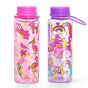 Home Tune 18oz Kids Water Drinking Bottle - Tritan BPA Free, Wide Mouth, Carry Loop, Easy Open, Lightweight, Leak-Proof Water Bottle with Cute Design For Girls & Boys - 2 Pack Unicorn & Flamingo