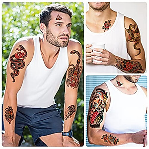 77 sheets Classic Temporary Tattoos Old School Tattoos Stickers, Sailor Jerry Style Vintage Design Fake Tattoo, American Traditional Flower Rose Arm Temporary Tattoos for Women Men Adults Kids