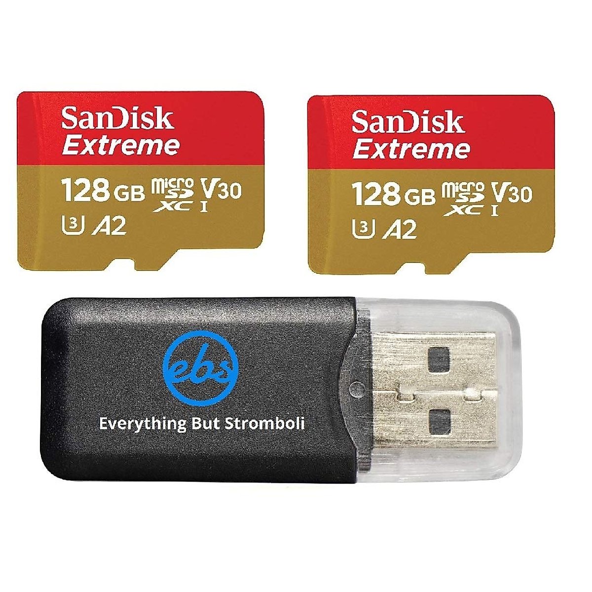 SanDisk Extreme MicroSD Card 128GB (2 Pack) Memory Card for DJI FPV Drone (SDSQXA1-128G-GN6MN) Class 10 4K Video Speed V30 UHS-I U3 A2 SDXC Bundle with (1) Everything But Stromboli Micro Card Reader