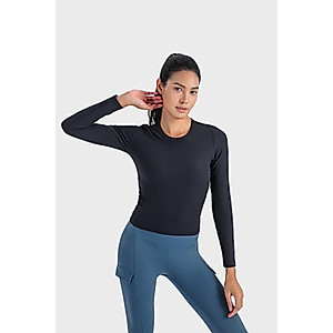 altiland Ribbed Long Sleeve Workout Tops for Women, Fitted Athletic Running T-Shirts, Cropped Yoga Exercise Shirts (Black, M)