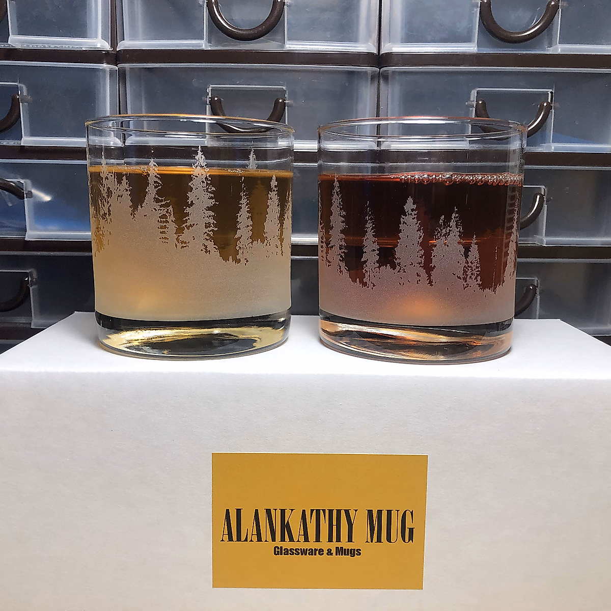 Alankathy Mugs Forest Landscape Whiskey Glass Rock Glasses Set of 2 Heavy Base Etched