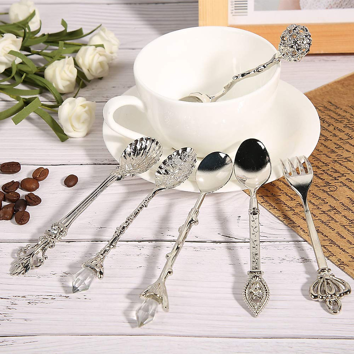 Fdit 6Pcs/Set Vintage Carved Coffee Spoon Teaspoon Retro Zinc Alloy Dessert Coffee Tableware Spoons Cutlery Kitchen(Silver)